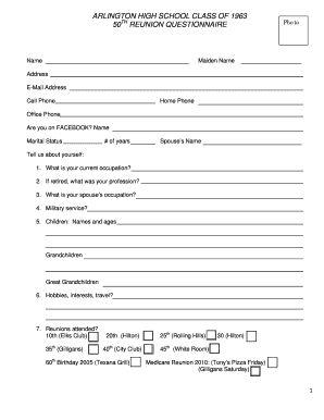 Fillable Online ARLINGTON HIGH SCHOOL CLASS OF 1963 50TH REUNION ...