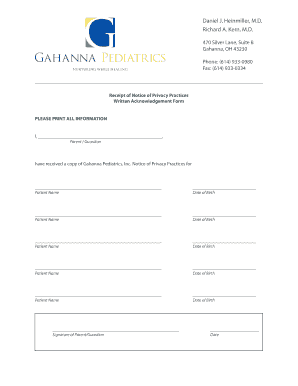 Fillable Online Receipt of Notice of Privacy - Gahanna Pediatrics Fax ...