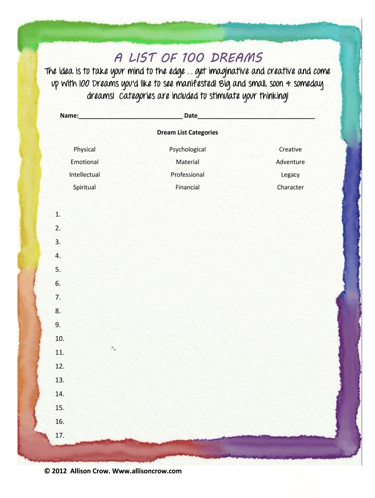 Fillable Online Dream List Categories Fax Email Print - pdfFiller