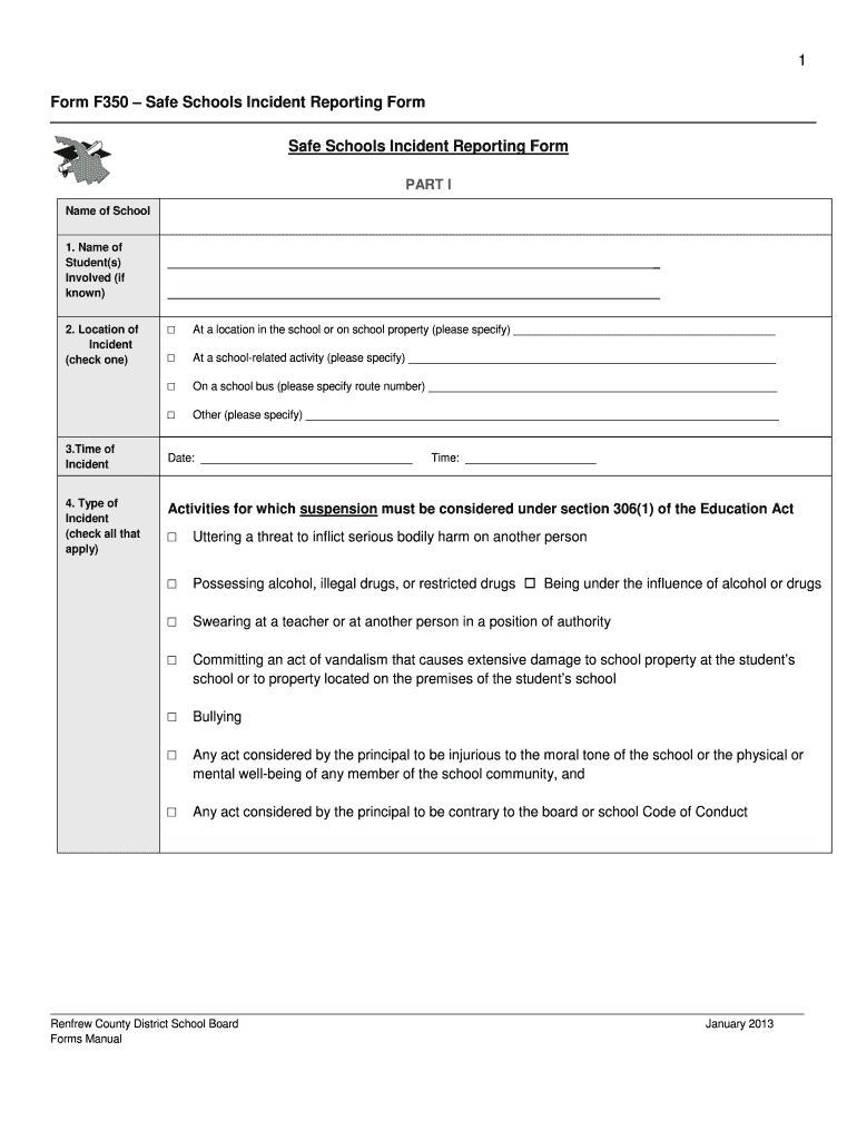 Fillable Online renfrewotl Form F350 Safe Schools Incident Reporting ... Fillable Online renfrewotl Form F350 Safe Schools Incident Reporting ...