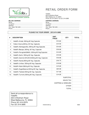 Fillable Online RETAIL ORDER FORM - bVedaRxb Fax Email Print - pdfFiller