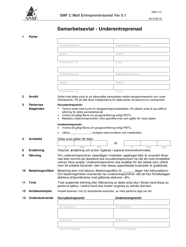 Fillable Online smfcert Samarbetsavtal - Underentreprenad Fax Email Print - pdfFiller