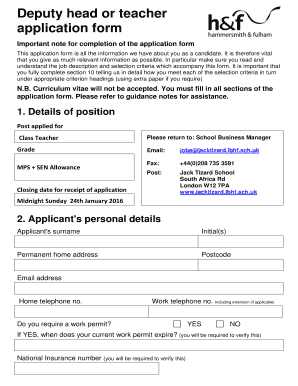Fillable Online jacktizard lbhf sch Deputy head or teacher application ...