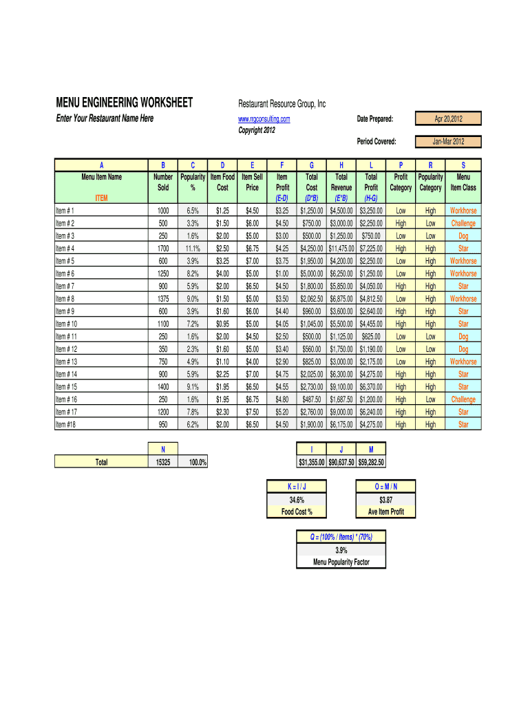 Fillable Online MENU ENGINEERING WORKSHEET Fax Email Print - pdfFiller