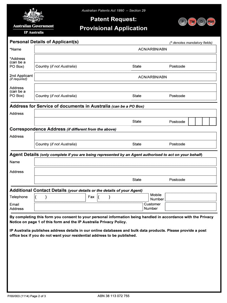 Fillable Online ipaustralia gov Patent Request Form Provisional Patent ...