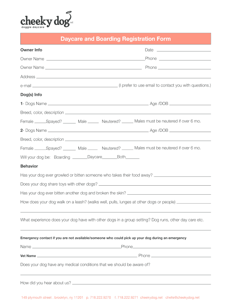 Fillable Online cheekydog Daycare and Boarding Registration Form ...