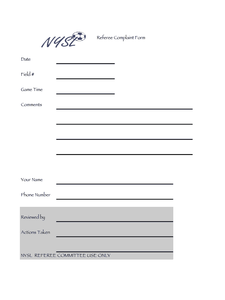 Fillable Online Referee Complaint Form Date Field Game Time Comments ...