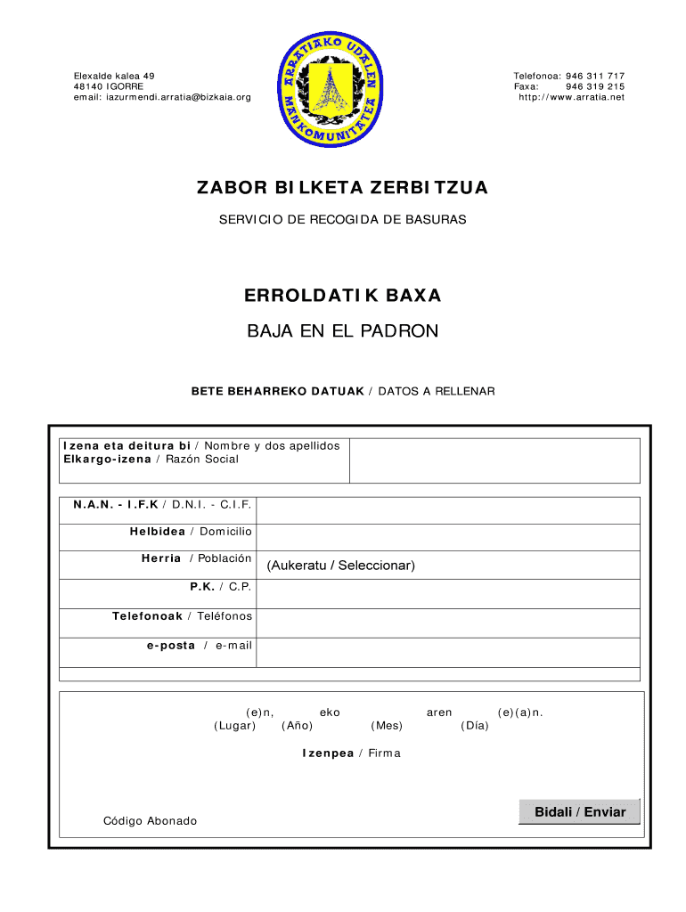 Fillable Online arratia Zabor bilketa zerbitzua erroldatik baxa baja en ...