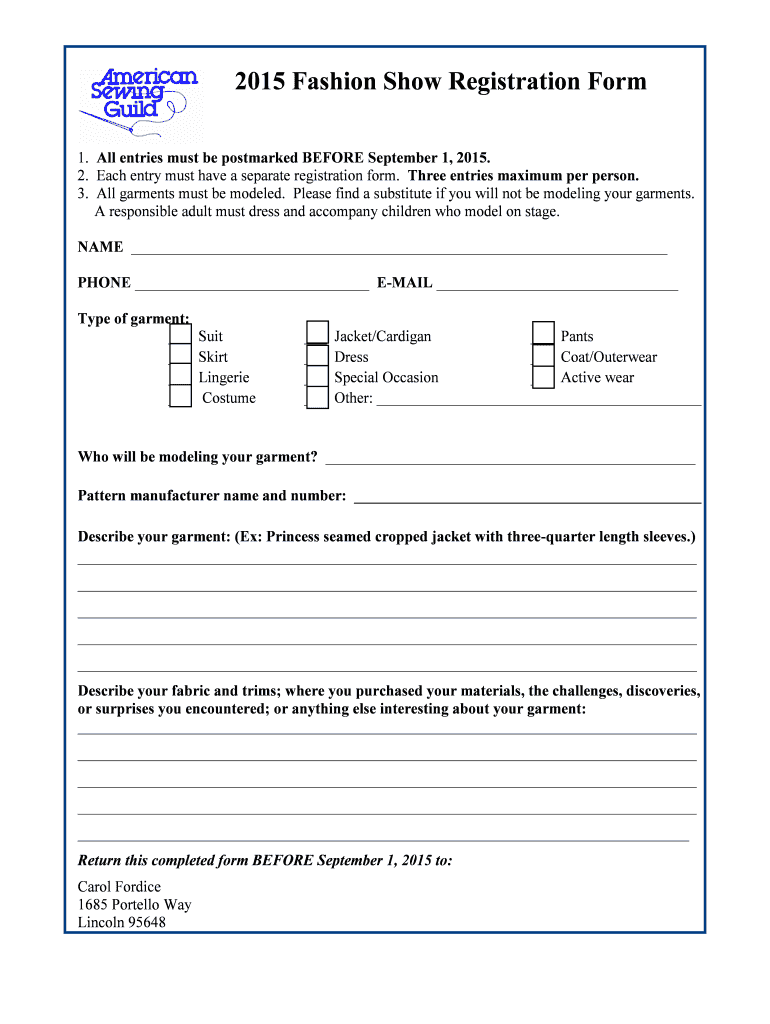 Fillable Online asgsacramento 2015 Fashion Show Registration Form ...