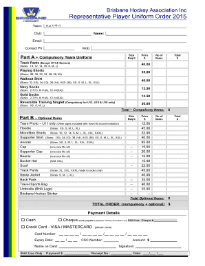 Fillable Online bha org Brisbane Hockey Association Uniform Order Form ...