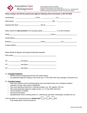 Fillable Online Transplant/Transplant Eval Preauthorization Form - Innovative Care ... Fax Email ...