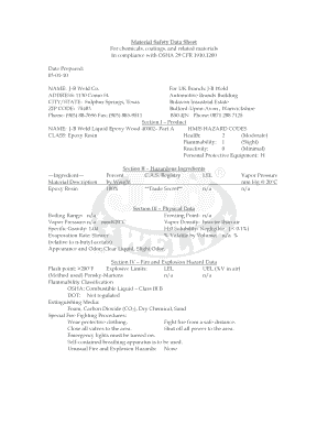 Fillable Online jb-weld co Material Safety Data Sheet For chemicals, coatings, and ... - JB Weld ...
