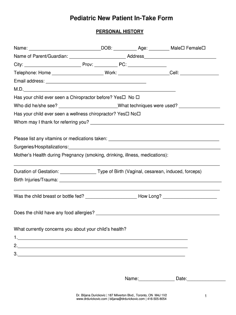 Fillable Online Pediatric New Patient In-Take Form - bdrdurickovicbbcomb Fax Email Print - pdfFiller