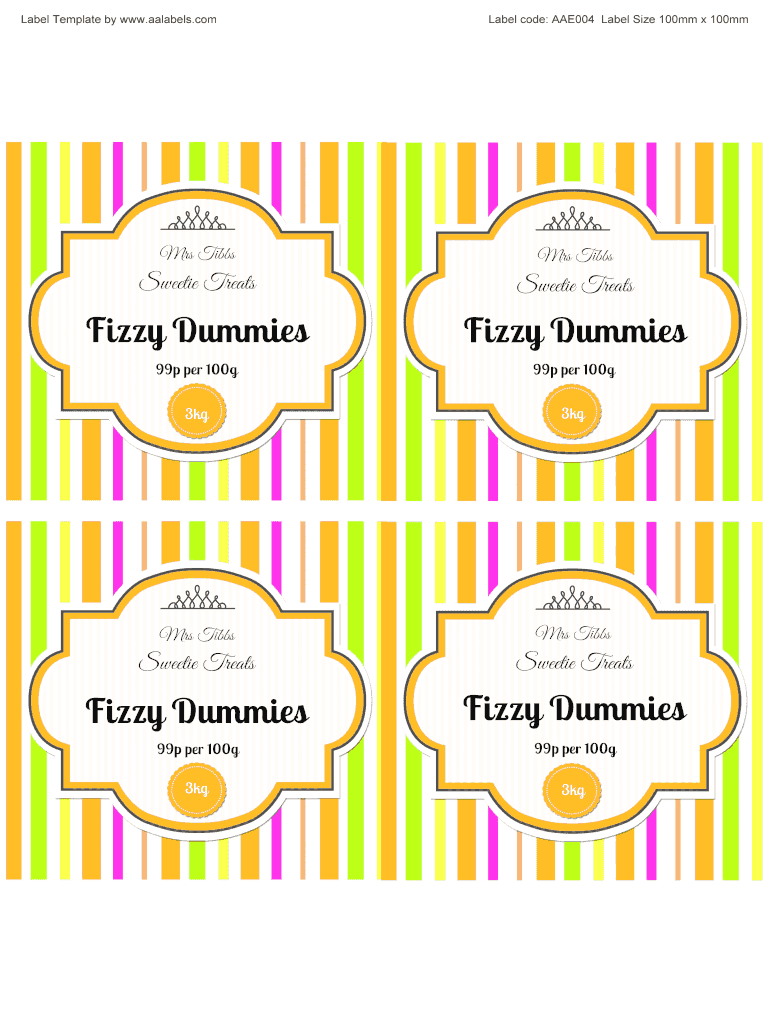 Fillable Online Fizzy Dummies Jar Label Template - AA Labels Fax Email ...