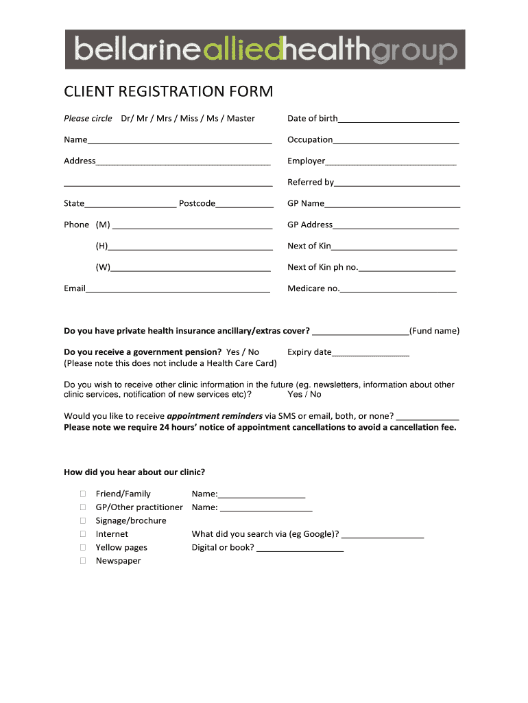 Fillable Online CLIENT REGISTRATION FORM - Bellarine Allied Health Group Fax Email Print - pdfFiller