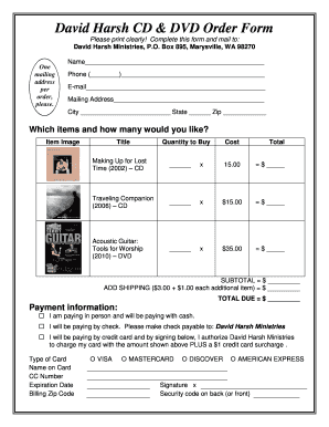Fillable Online David Harsh CD amp DVD Order Form Fax Email Print ...