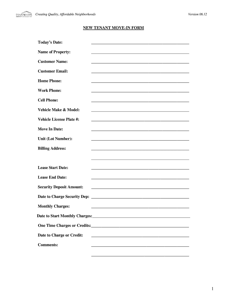 Fillable Online NEW TENANT MOVE-IN FORM Todays Date Cell Phone Fax ...