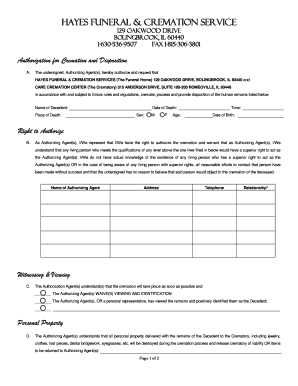Fillable Online Cremation Authorization Form (PDF) - Hayes Funeral & Cremation ... Fax Email ...
