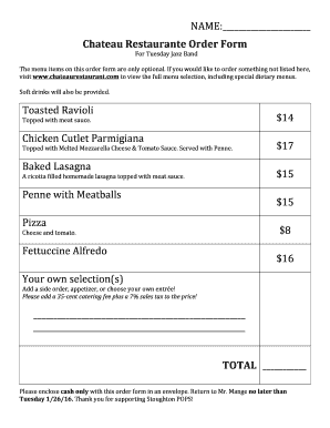 Fillable Online stoughtonbands Chateau Restaurante Order Form ...
