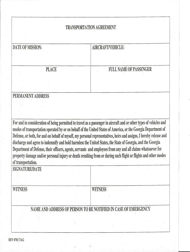 Fillable Online griffincap TRANSPORTATION AGREEMENT DATE OF MISSION ...