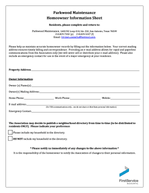 Fillable Online Homeowner Information Sheet - generic ...