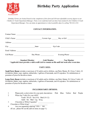 Fillable Online Birthday Party Application 2014.doc Fax Email Print ...