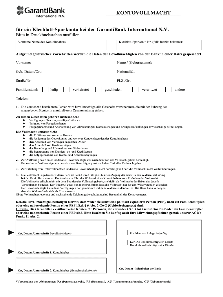 Fillable Online KONTOVOLLMACHT f r ein Kleeblatt-Sparkonto bei ... - GarantiBank Fax Email Print ...