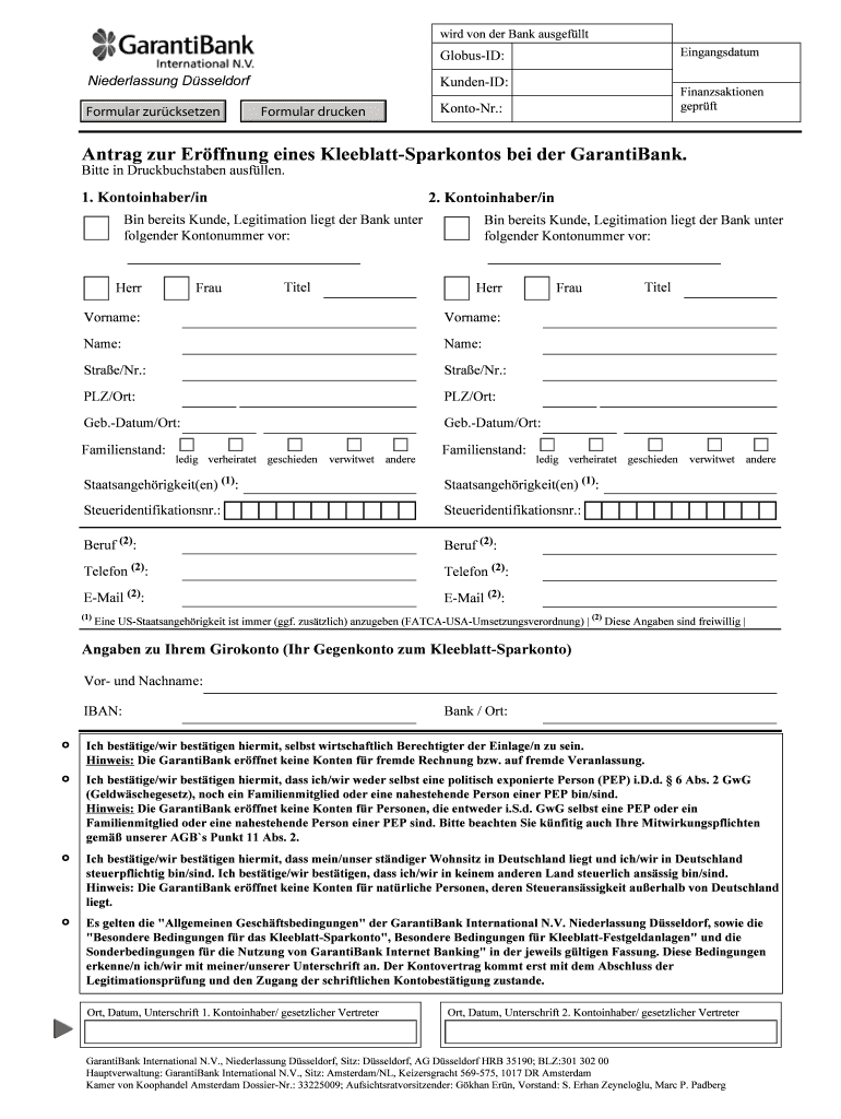 Fillable Online Kontoer ffnungsantrag Kleeblatt-Sparkonto - GarantiBank Fax Email Print - pdfFiller