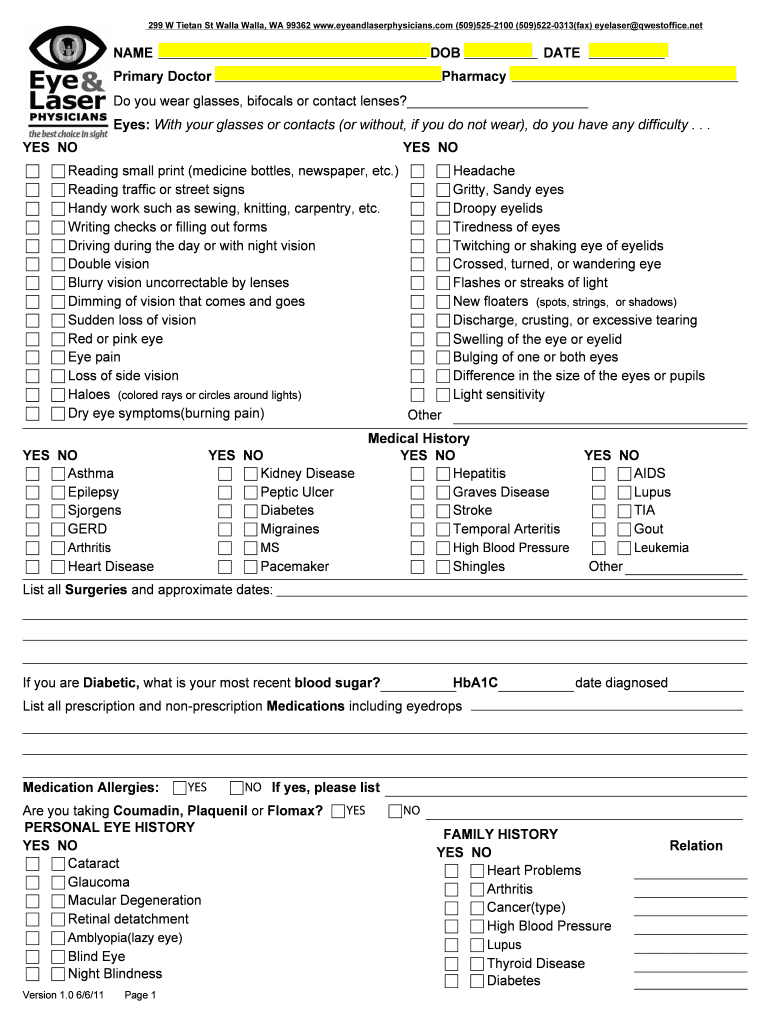 Fillable Online NAME DOB DATE Primary Doctor Eyes With your glasses or ...