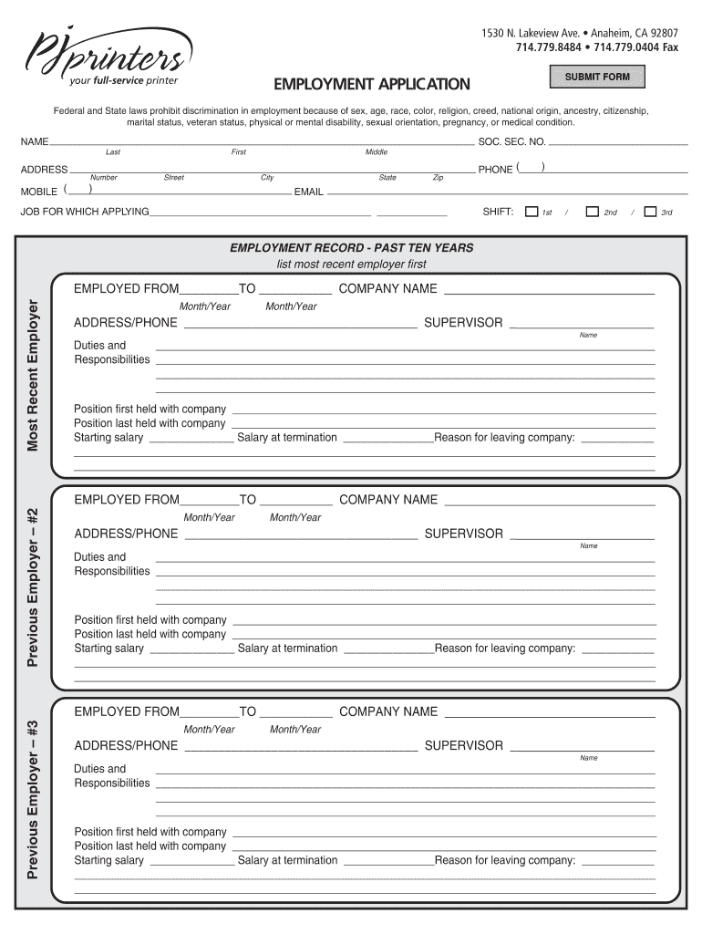 Fillable Online EMPLOYMENT APPLICATION - PJ Printers Fax Email Print ...