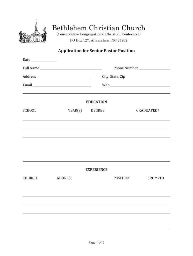 Fillable Online bethlehemchristian Senior Pastor Job Application ...