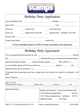Fillable Online Birthday Party Application - Scamps Gymnastics Fax ...