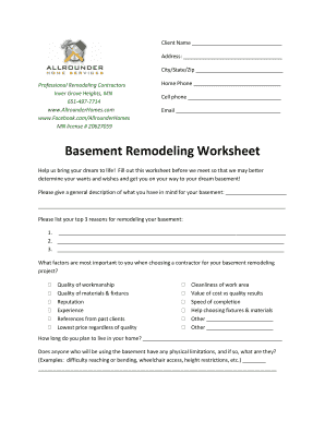 Fillable Online Basement Remodeling Worksheet - Allrounder Remodeling ...