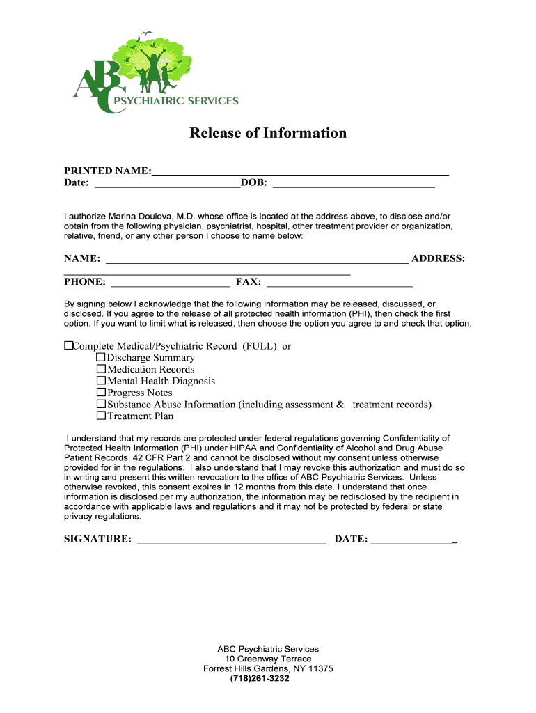 Fillable Online Release of Information Form - Marina Doulova Fax Email Print - pdfFiller