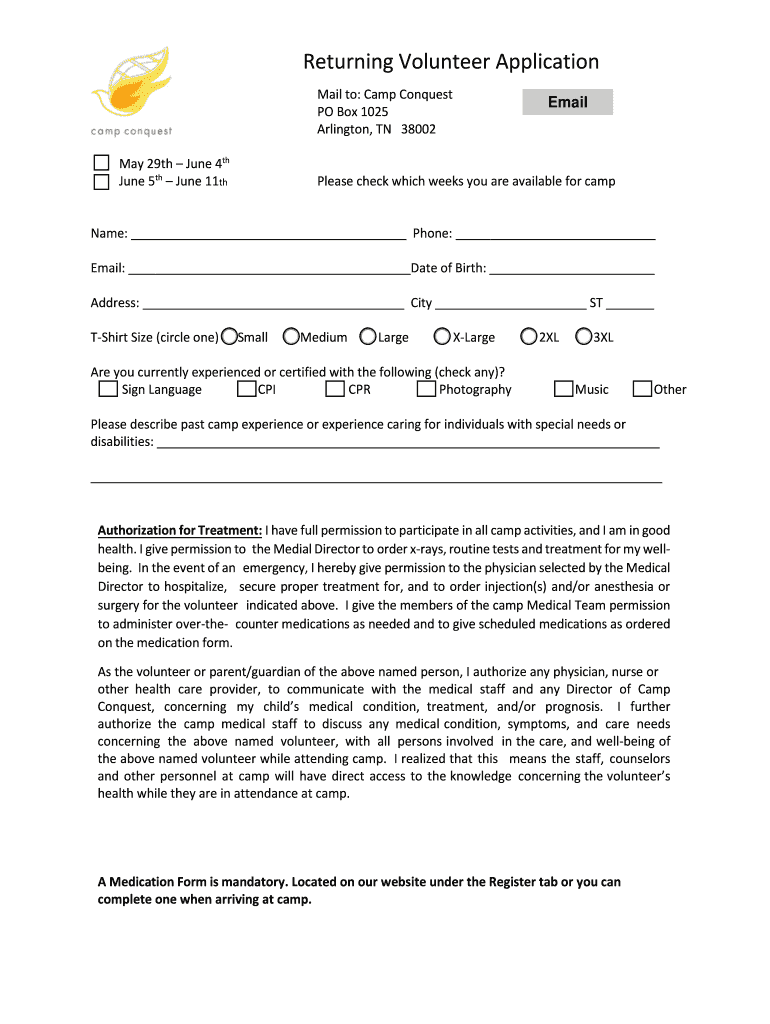Fillable Online Returning Volunteer Application - Camp Conquest Fax Email Print - pdfFiller