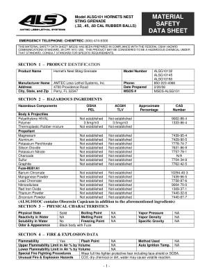 Fillable Online MATERIAL SAFETY DATA SHEET Model ALSG101 HORNETS NEST ...