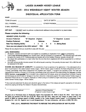 Fillable Online LADIES SUMMER HOCKEY LEAGUE APPLICATION FORM Fax Email ...