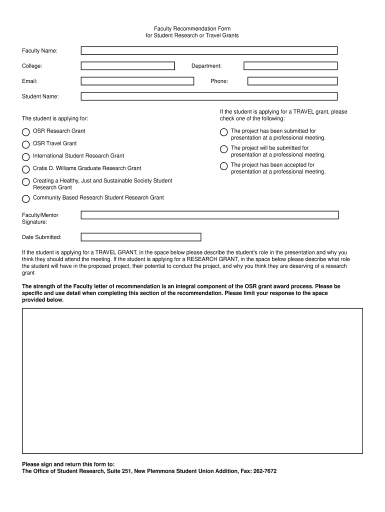 Fillable Online Faculty Recommendation Form for Student Research or Travel Grants Fax Email ...