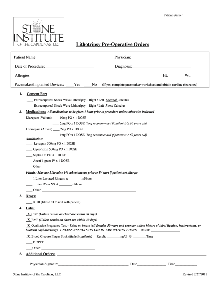 Fillable Online Lithotripsy Pre-Operative Orders - The Stone Institute Fax Email Print - pdfFiller