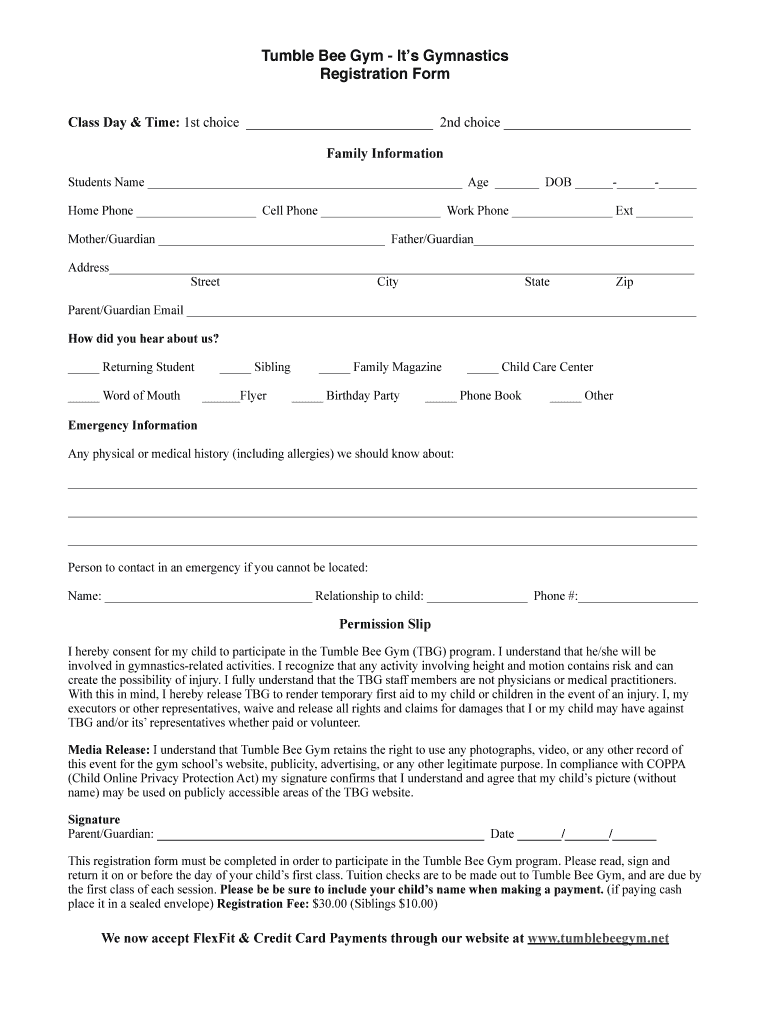 Fillable Online tumblebeegym Registration Form Gym - Tumble Bee Gym - tumblebeegym Fax Email ...