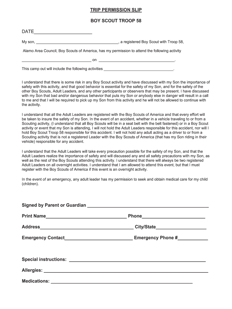Fillable Online TRIP PERMISSION SLIP BOY SCOUT TROOP 58 Fax Email Print - pdfFiller