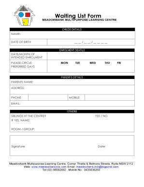 Fillable Online Waiting list form centre - bmeadowbankmlcbbcomb Fax ...