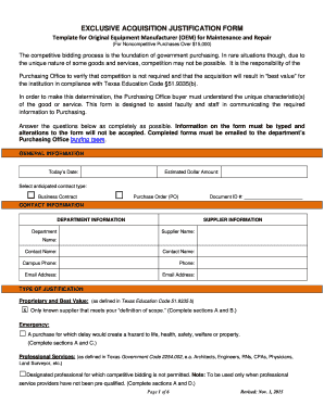 Fillable Online EXCLUSIVE ACQUISITION JUSTIFICATION FORM Template for Original Equipment ...