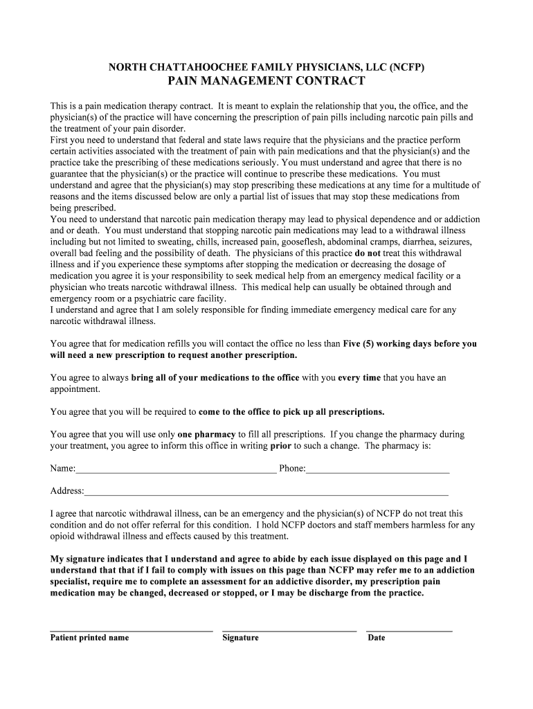 Fillable Online Pain management contract - North Chattahoochee Family ...