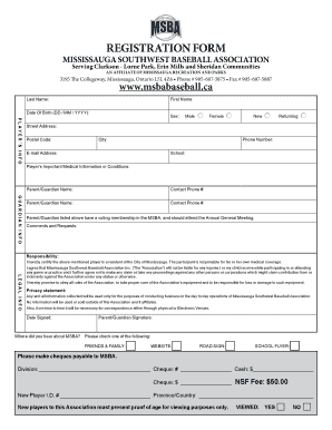 Fillable Online REGISTRATION FORM MISSISSAUGA SOUTHWEST BASEBALL ...