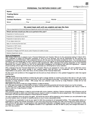 Fillable Online caca co PERSONAL TAX RETURN CHECK LIST Name: Trading Name: Address: Home Mobile ...