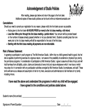Fillable Online Acknowledgement of Studio Policies - Mid American ...