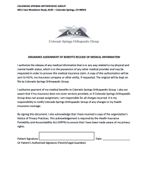 Fillable Online INSURANCE ASSIGNMENT OF BENEFITS RELEASE OF MEDICAL ...