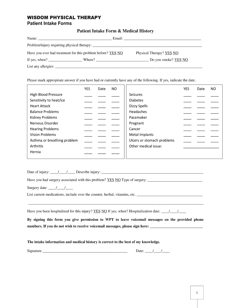 Fillable Online WISDOM PHYSICAL THERAPY Patient Intake Forms Patient ...
