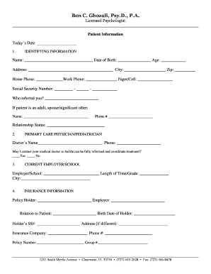 Fillable Online Licensed Psychologist Patient Information Todays Date ...
